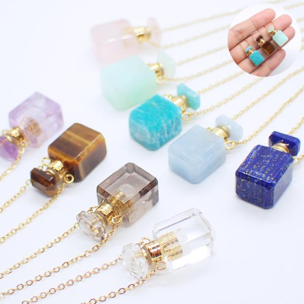 ポイント利用天然石からカットした香水瓶のネックレスが登場です！香水を一滴入れればお気に入りの香りを持ち歩けちゃう♪【商品仕様】個数：1個サイズ：10ｘ20ｘ0.8cm金具素材:ステンレスに18金メッキ　※シルバー除くチェーンの長さ:約50c...