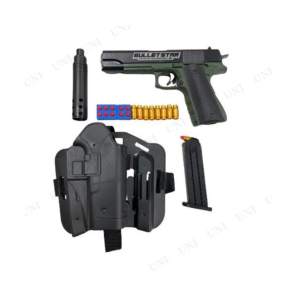 スライドを引いて薬莢排出アクションが楽しめます。弾薬はスポンジ仕様。足に巻き付けられるガンホルスター付でリアルさ抜群。演劇やイベントの仮装、コスプレ用にオススメ！【キーワード】銃,ハロウィン 衣装,プチ仮装,変装グッズ,パーティーグッズ,お...