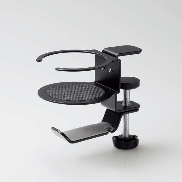 作業スペースを確保しながらヘッドホンとドリンクを収納できる、ドリンクホルダー付きのヘッドホンスタンドです。