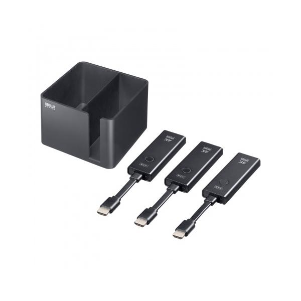 4K/60Hz対応で大型テレビに高精細表示！送信機2台を標準同梱し、さらに最大4台まで収納できる専用ボックスでスマートに管理可能。複数人のPC切替えが簡単に行える、法人・教育現場に最適なワイヤレスHDMI送受信機セット。