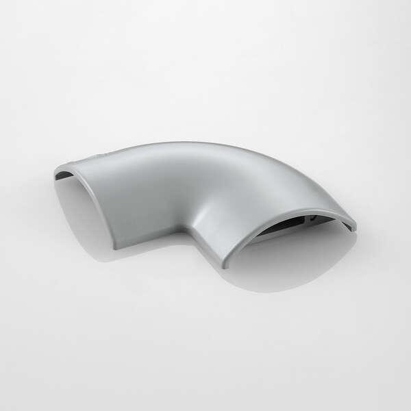 基台付きで、カバーはワゴンモールの蓋の上からかぶせるだけ。床配線の際のケーブルを保護し、すっきりと収納できる床用モール(LD-GA1207MGY)用のジョイントパーツ(曲ガリ)。