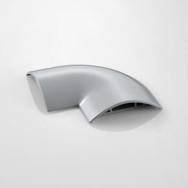 基台付きで、カバーはワゴンモールの蓋の上からかぶせるだけ。床配線の際のケーブルを保護し、すっきりと収納できる床用モール(LD-GA1407MGY)用のジョイントパーツ(曲ガリ)。