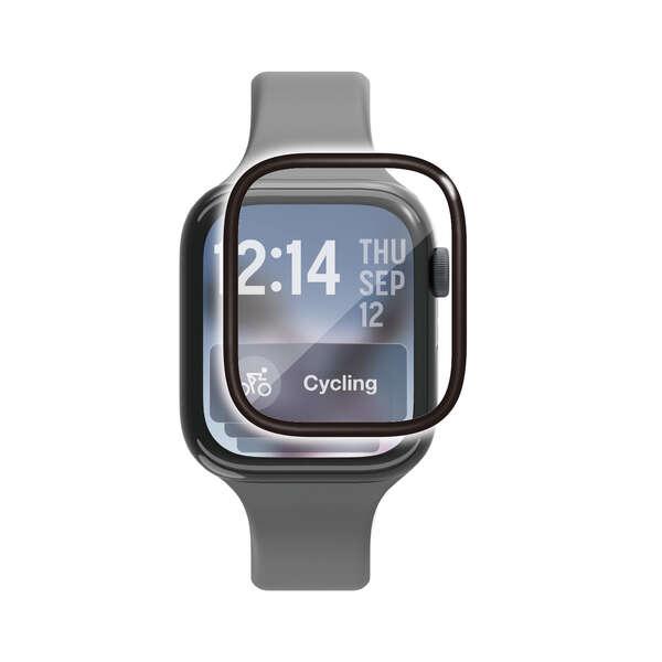 高硬度10Hの強化ガラスを採用し、画面の美しさを損ねずに傷や汚れから保護する、高透明・指紋防止タイプのApple Watch用フルカバーガラスフィルムです。ぴったり位置合わせできる貼り付けツール付きです。