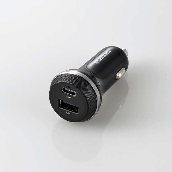 USB Power Delivery規格に準拠したUSB Type-C(TM)(USB-C(TM))ポートとUSB-Aポートを搭載し、合計最大出力32Wでスマートフォンなど2台を車で充電できる車載充電器。