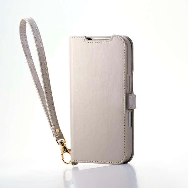4つのカードポケットを備えた、ハンドストラップ付きの手帳型ケースです。