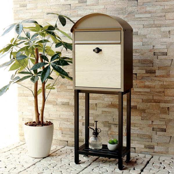 MOJYU 郵便ポスト スタンドポスト Simon シモン SDM-071 ミルクティーベージュ/ホワイト木目 鍵付き 郵便受け スタンドタイプ 玄関ポスト おしゃれ モジュ