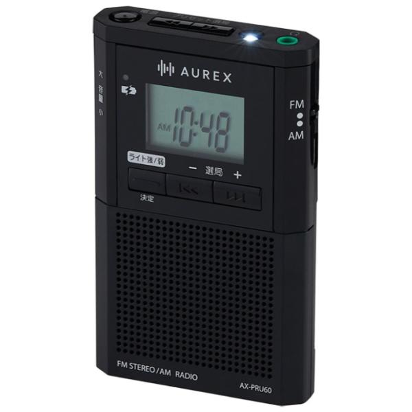 東芝 ポケットラジオ AUREX LEDライト付き デカ文字液晶パネル AX-PRU60-K ブラック FM・AM めざまし 防災 2WAY電源 乾電池 USB Type-C充電