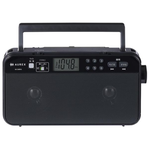 東芝 AM FM ホームラジオ AUREX LEDライト付き デカ文字 バックライト液晶 AX-SHR70-K ブラック FM・AM 肩ベルト付 防災 2WAY電源 乾電池 USB電源