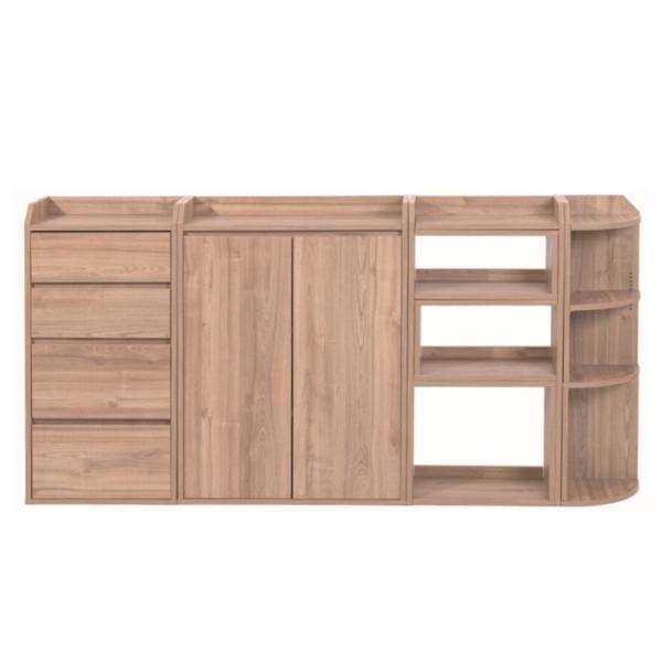 JKプラン キッチンカウンター下収納 組み合わせフルセット 幅162〜194cm 高さ80cm YHK-0204FULLSET-BR ブラウン 4段チェスト+扉付きキャビネット+伸縮ラック+コーナーラック 薄型 リビング収納 ジェイケイ・プ...