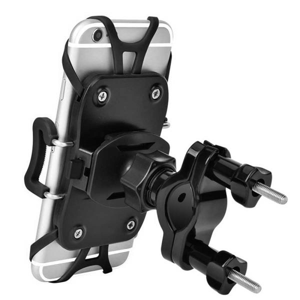 自転車スマホ ホルダー。6.8インチまでのスマホや12mm以内保護カバーが対応。直径約22〜28mmのハンドルバーに対応。内側はマグネットと弾性パートが入っており、安定感があり走行中スマホが振れません。簡単装着。ネジを回すだけでクランプ脱着可能。