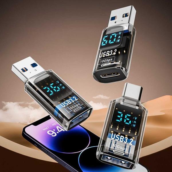 USB変換アダプタ LEDワットスクリーン表示 リアルタイムの電力監視 【USB A 3.2 (メス) - USB A 3.2 (オス)】・【Type C (オス) - USB A 3.2 (メス)】36W急速充電 【Type C (メス)...