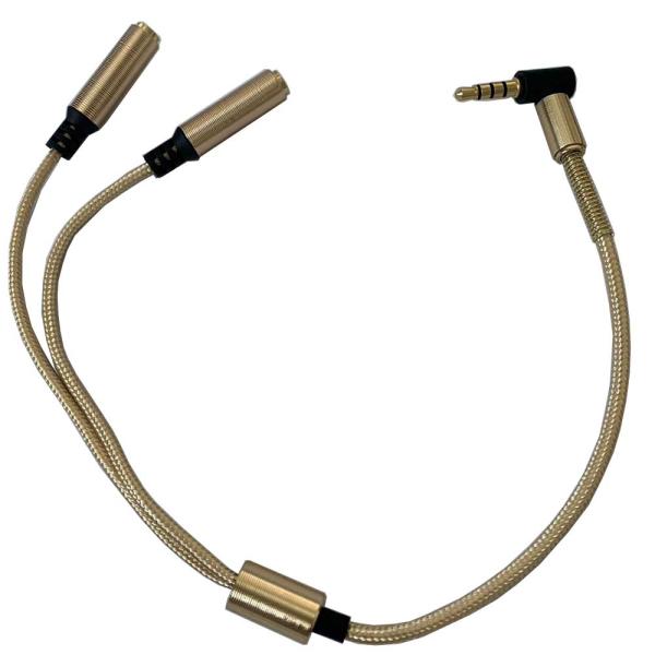 3.5mm4極ステレオミニプラグを分配するケーブルです。1台のデバイスのステレオ音楽を2人で同時に楽しめます。片側：L型3.5mm4極ステレオミニプラグ(オス)片側：3.5mm4極ステレオミニジャック(メス)×2 金メッキ長さ：約30cm※...