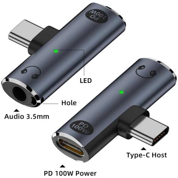 2in1 USB-C タイプC から 100W PD 電源 &amp; 3.5mm オーディオ DAC AUX 音楽 16 ビット 48kHz アダプター ノートパソコン タブレット iPhone/ android スマホ用Type-Cポー...
