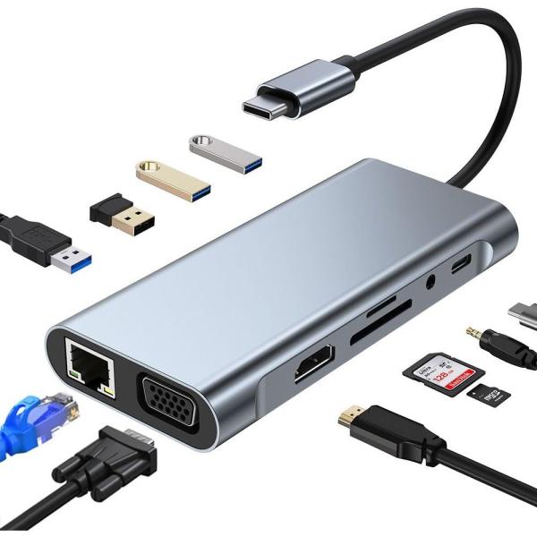 USB-C to HDMI LAN VGA SD+TF USB-A*4 AUX USB-C急速充電 11in1 4K HDMIポート・1080P VGAポート・イーサネットポート・PD急速充電・USB3.0ポート・MicroSD&amp;S...