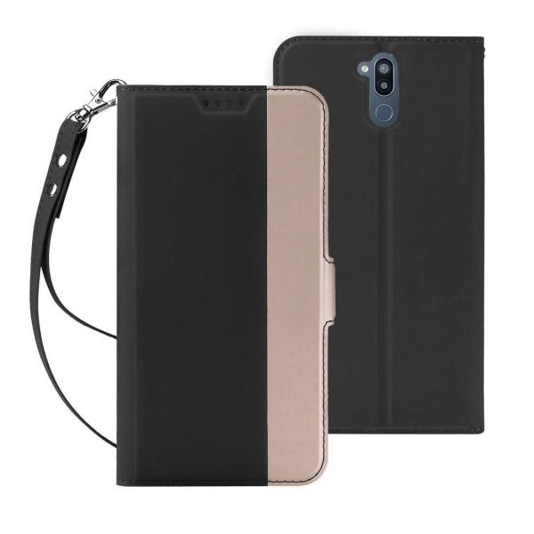 【送料無料】LG style2 L-01L  スマホケース 手帳型ケース カバー　ツートンカラー ストラップ付き ブラック＆ゴールド