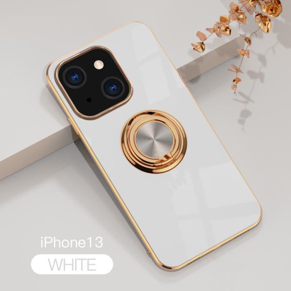 iPhone13 メッキ加工 マグネット対応 360度回転 リング付き ソフトケース TPU保護ケース ホワイト