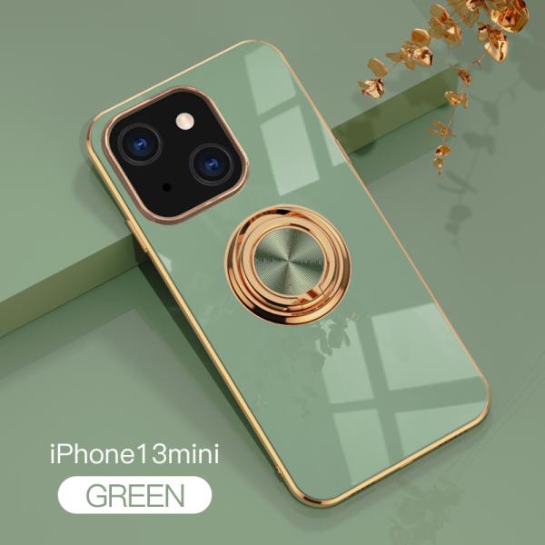 iPhone13 mini メッキ加工 マグネット対応 360度回転 リング付き ソフトケース TPU保護ケース ライムグリーン