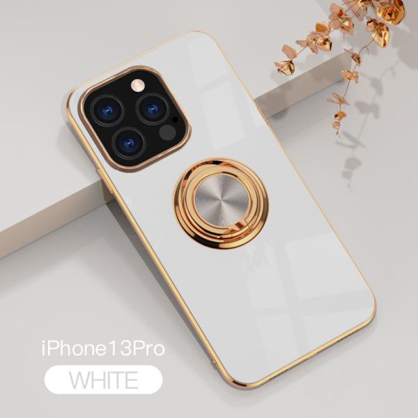 iPhone13 Pro メッキ加工 マグネット対応 360度回転 リング付き ソフトケース TPU保護ケース ホワイト