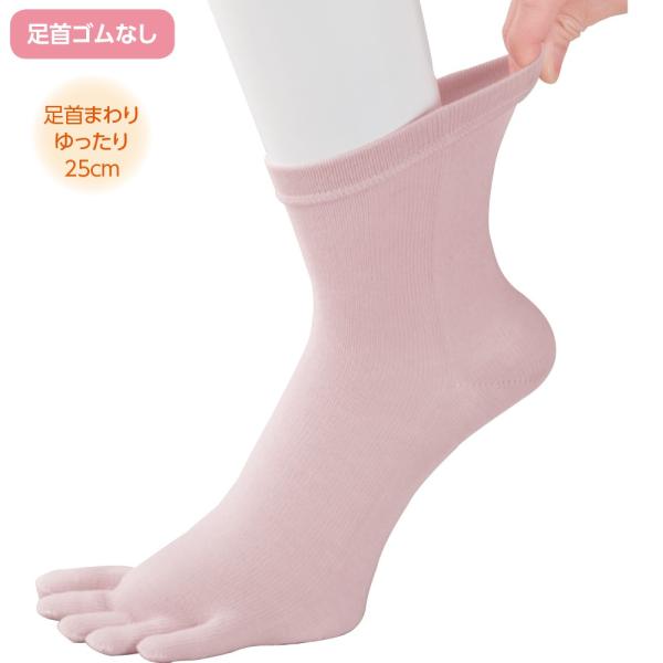 ●指がムレにくい5本指タイプ足首ゴムなしでゆったり履け、ムレにくい本指になっています。肌触りの良い綿混素材を使用。素材：綿・ポリウレタン・他サイズ：22.0-24.0cm※メーカー直送品になります。まれにメーカーにて欠品が発生する場合がござ...