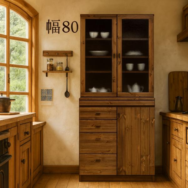 天然木の温もりと高級感。幅80cmの国産キッチンボードで、上質な新生活を■只今、入荷待ちです。次回3月上旬頃入荷予定※木目の凹凸を強調させる浮造り加工送料無料（但し、北海道・東北地方・沖縄・離島は除く）東北地方：￥6,000　北海道：￥8,...