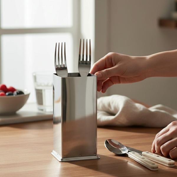 光沢感あふれるミラー仕上げのステンレススタンドです。無駄のないスクエアデザインが、キッチンやダイニングの雰囲気を引き締めながら清潔感を演出します。箸やスプーン、フォークなどのカトラリーはもちろん、木べらや泡立て器などの調理ツールの収納にもぴ...