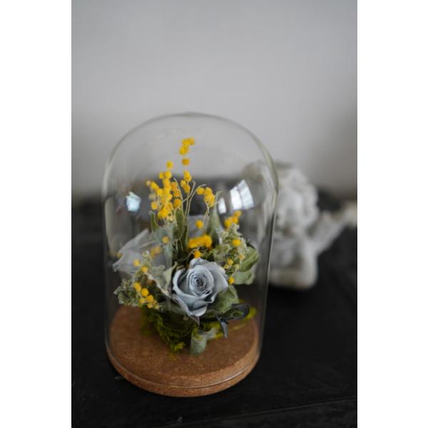 キーワード：ガラスドーム型のベースにドライのミモザとプリザーブドフラワーのローズをアレンジしました。プレゼントにもお勧め！ガラスドームの中にお花をアレンジしているので、誇りも気にならず、長く飾っていただけます。・サイズ(cm):w10xh1...