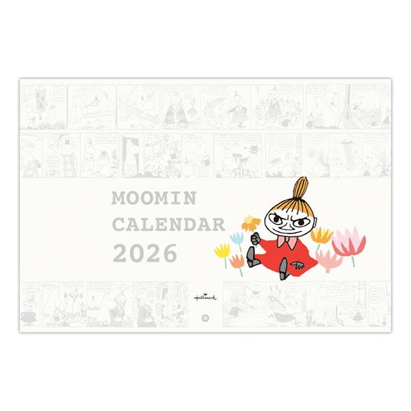 お花に囲まれたリトルミイの可愛いデザインコンパクトにたためる二つ折りのカレンダー。広げると小さめサイズの壁掛けタイプとして使えます。日付が大きめに入っている見やすいデザインです。■172×252mm　■開いたサイズ：344×252mm■見開...