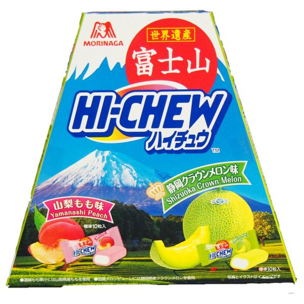 【商品紹介】富士山をイメージした限定パッケージ！山梨県産のもも果汁と、静岡県産クラウンメロン果汁を使用した、ご当地感たっぷりのスペシャルな富士山ハイチュウです。山梨もも味：標準10粒静岡クラウンメロン味：標準10粒富士山デザインパッケージ入...