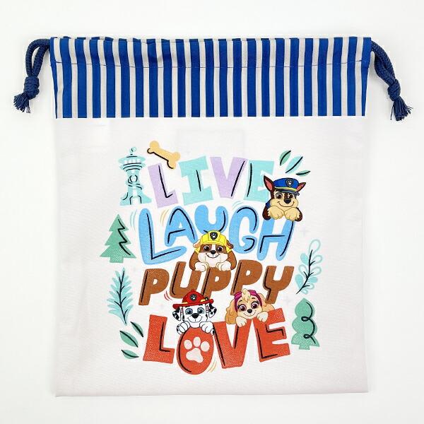 パウパトロールの巾着(中)です。学校に持って行くアイテムやお弁当を入れるのにもぴったり☆ぜひお子様やお孫様のお好きなキャラクターを選んでみてください♪