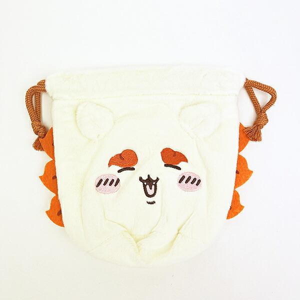 ちいかわ（シーサー）のふわふわ素材のフェイス巾着です。マチ付きなので小物の持ち運びにも便利☆内生地まで可愛いなんてずるい〜！！愛らしい表情がとてもキュートな巾着です♪