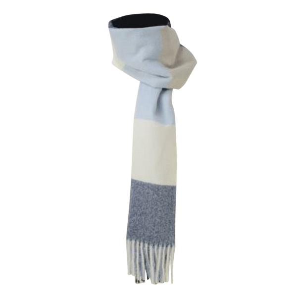 デリケートなカラーのスクエアチェック柄デザイン。フリンジ付き。コーディネイトしやすく、いろいろなシーンでお使いいただけます。