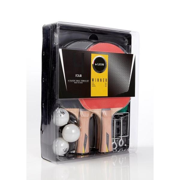 素材: ラバー。セット内容: 卓球ボールx3、卓球ラケットx2、卓球用ネットx1。デザイン: コントラストカラー、ロゴ入り。2-4人用。35%スピード、35%スピン、 95%コントロール。表ラバー(表ソフトラバー)。箱入り。