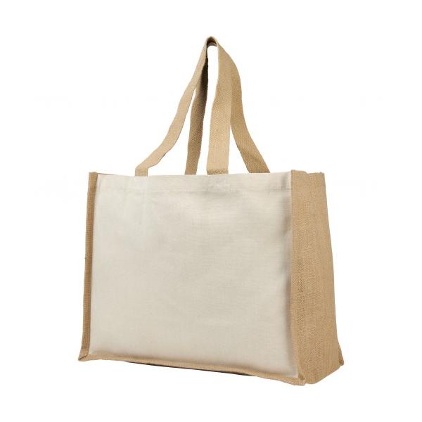 トレンド感たっぷりのショッピングバッグ。キャンバス地のパネル。丈夫なラミネート加工ジュート素材のフレームデザイン。持ち手はコットン製。コットンキャンバス素材/ジュート素材。