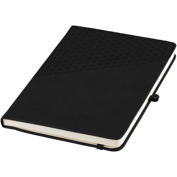 A5判のThetaノートブック。幾何学パターンデザイン入りソフトタッチカバー。罫線入り80ページ(80gsm)/リボンマーカー/ゴムバンド/ペンループ。サーモPU(ポリウレタン)。コンプライアンス: カドミウム試験済み。