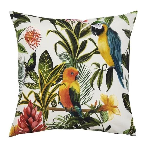 ※カバーのみ。クッションパッドは別売です。予めご了承下さい。素材: ポリエステル100%。H: 43cm。W: 43cm。デザイン: フォウリエジ、リーフプリント、オウム、スクエア。留め具: コンシールファスナー。素材テクノロジー: 耐シャ...