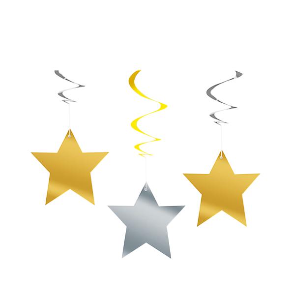 くるくるハンギングデコレーション。3枚入。星のデザイン。天井からつるしてお使いください。