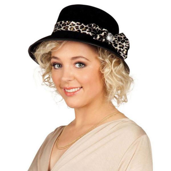 サマンサハット。ヒョウ柄のリボン付き。シンプルでおしゃれなデザイン。各種イベント、ショップ、プロモーション等に。手洗いのみ。
