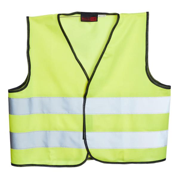 ボディーバンド2本付きハイビズベスト。丈夫なポリエステルニット素材。フロント部分に面ファスナー留め/ブラックの縁トリム。EN471適合。サイズ目安 (胸囲 /身長 cm):4-6歳(71-76cm/104cm)、7-9歳(79-84cm/1...