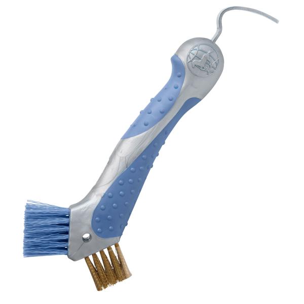 ハンドルの特長: 滑りにくい。硬めと柔らかめのブラシ付き。デザイン: ロゴ。金属素材ピック。