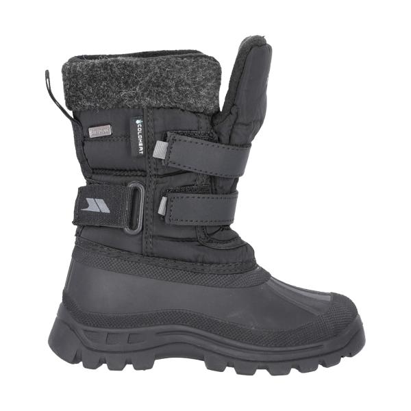 スノーブーツ。断熱あったかフリース素材ライニング。防水ラバーシェルアウトソール。水に強い布製アッパー。面ファスナー留め調節式ストラップ。シェルパフリース素材履き口。アッパー: 布地/シェルパフリース、ライニング: フリース、アウトソール: ...
