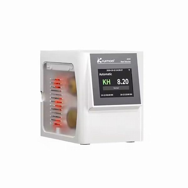 KHUは水槽内の海水を自動で引き込み、KH試薬を用いてKHを自動で測定する装置です。１回あたりの海水使用量は約10mlです。測定したKH値を元に任意で設定したKH値になるように、自動で添加剤をいれる機能も付帯しています。Appで動作します。...