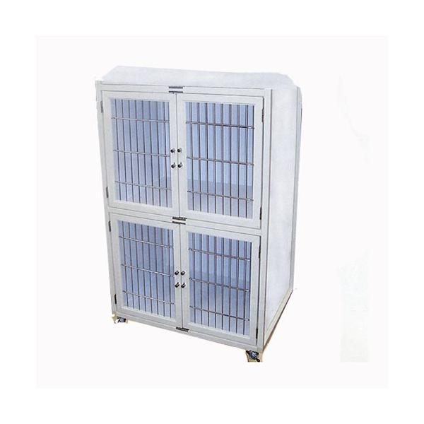 塩ビ製のシンプルなショーケース犬舎です。2段犬舎です。ケースは、アルミの枠に塩ビのプラスチックを貼り付けて組立。凹凸がなく拭き取りやすくなっています。扉が取り外しできます。■製品仕様■●扉枠　アルミオフホワイトパイプ枠。●内部パネル　白塩ビ...