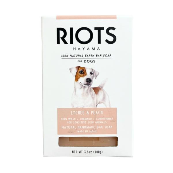 RIOTS　ナチュラルアース バーソープ　ペット用石鹸〈香り〉ライチ＆ピーチ           瑞々しく甘酸っぱいフルーティーな香り●こだわり抜いた成分を贅沢に配合した100％ハンドメイドナチュラル石鹸RIOTS。●原料にこだわりペットに...