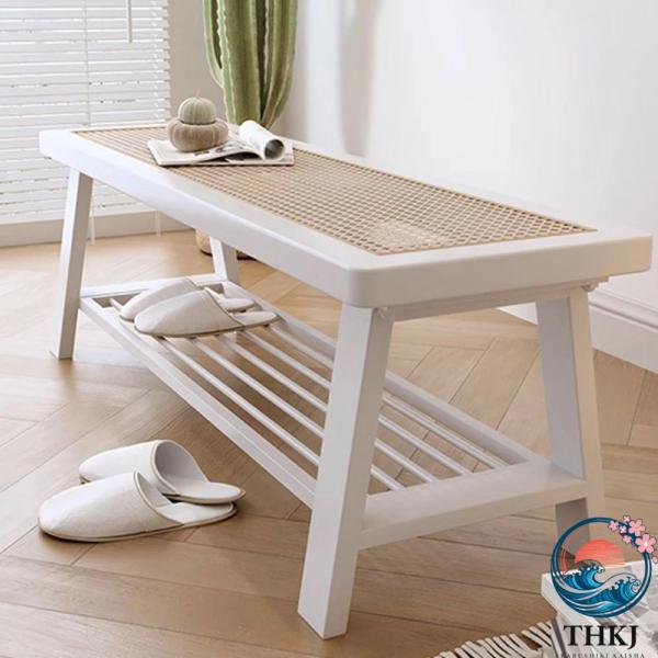 玄関の靴ベンチ、ベッドの端のベンチ、籐の 木製ベンチ、廊下のリビングルーム用の靴ラック(Beige 100cm/39.4in)