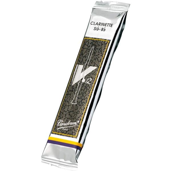 バンドレン リード　B♭クラリネット　V12　1枚バラ売りヒール、ティップ共にトラディショナルより厚く、パレットが長くカットされています。耐久性があり、振動しやすく深く豊かな音と最適なアタックが得られる人気のリードです。硬さ2  1/2（品...