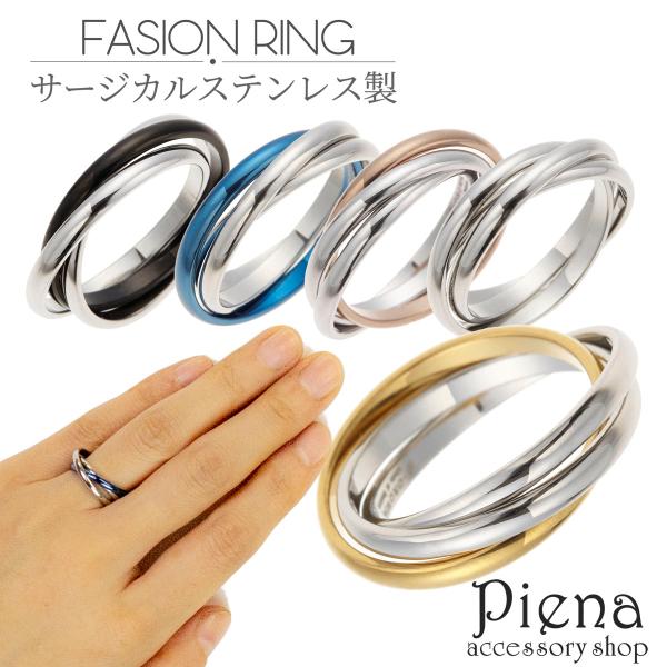 素材:サージカルステンレスサイズ:リング幅/厚み:約4.5mm/1.7mmリングサイズ:スタンダード:3号、5号、9号、11号、13号、15号、17号、19号光沢のある細身の甲丸リングが3連になっており、2連はシルバー、1連は各カラー色でデ...