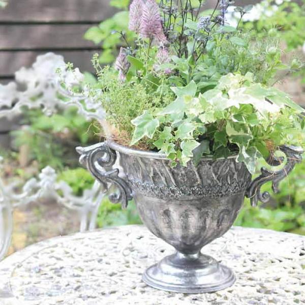 ●シルバーカップフラット●アイアンでつくられたおしゃれなカップタイプのプランター。●ブロカント風の加工がしてありグリーンやお花と組み合わせるとお互いに引き立てあってきれいですよ♪●インテリアやガーデニングのオブジェにもおすすめです。▼サイズ...