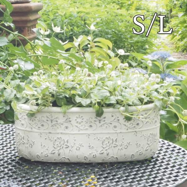 ●ブランフルールオーバル●アンティーク調の風合いが魅力のセメント製植木鉢です。表面にはあえてかすれや色ムラを施し、時を重ねたような味わい深い表情に仕上げました。●繊細なフラワー模様がナチュラルで上品な印象を演出し、観葉植物や多肉植物、ハーブ...