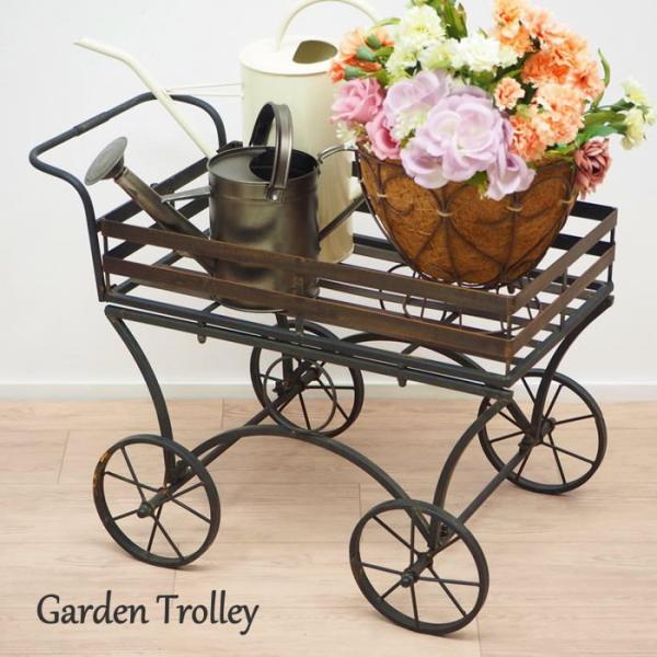 ●ガーデントロリー●ガーデンをおしゃれに演出するトロリー型のフラワースタンド。●お気に入りの鉢花や小物などを飾ったり、つる性の植物を絡ませたり、アレンジも楽しめます。●ガーデニンググッズの収納にもおすすめです。長く使い込んだようなアンティー...