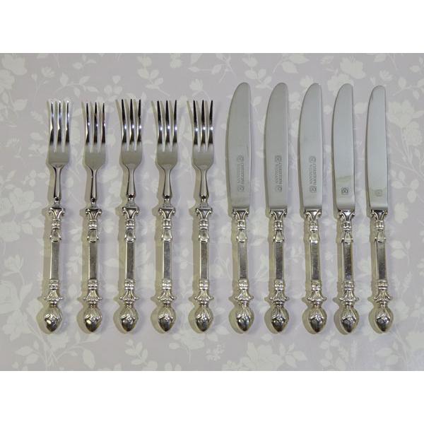 ■海外直輸入USED品■Christoph Widmann■ドイツ■素材：シルバープレイテッド■デザートナイフ５本：１７ｃｍ■デザートフォーク５本：１５．５ｃｍ　■柄の四角部分サイズ：幅０．５ｘ厚み０．６ｃｍ※５本のナイフの内、ナイフ部分に...
